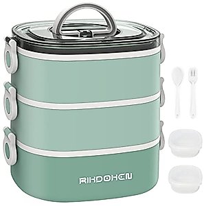 RIKDOKEN Bento Box Lunch Box, Stackable 3 Layers Containers, Portable 94OZ Large Capacity Leakproof Bento Box with Spoon & Fork & Sauce Boxes, Microwave Safe Lunch Box for Kids and Adults