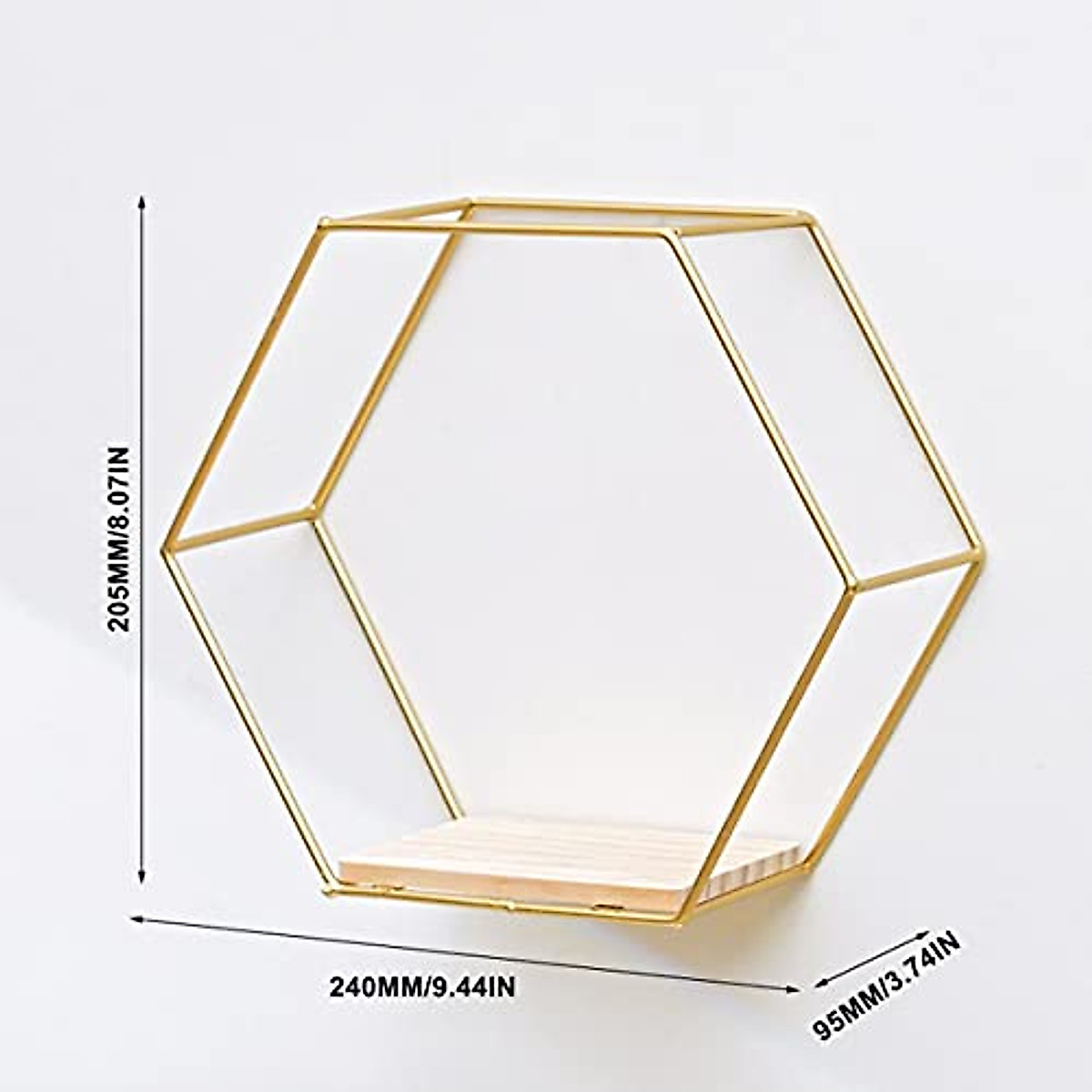 Rendeyuan Hexagonal Iron Stand Small Pot Wall Shelving Holder Home Shelf Storage Holder Decorative Shelves Floating Shelves - Gold - 24x9.5x20.5cm