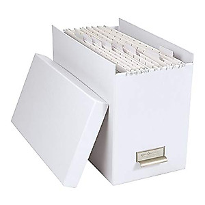 Bigso John Fiberboard Label Frame Desktop File Storage Box Document Organizer for Important Paperwork Durable Hanging File Box with a Lid & Metal Label Window 7.4’’ x 13’’ x 10.4’’ White
