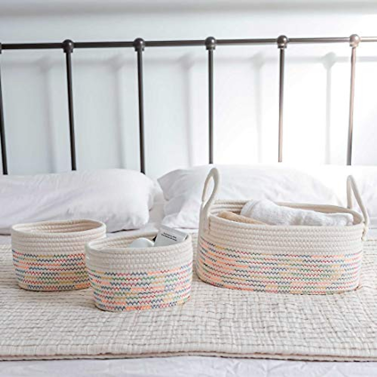 OrganiHaus Set of 3 Rainbow Nursery Storage Baskets for Shelves, Baby Changing Basket, Small Woven Baskets for Storage, Cotton Rope Basket for Toys, Basket with Handles, Round Towel Basket Bins