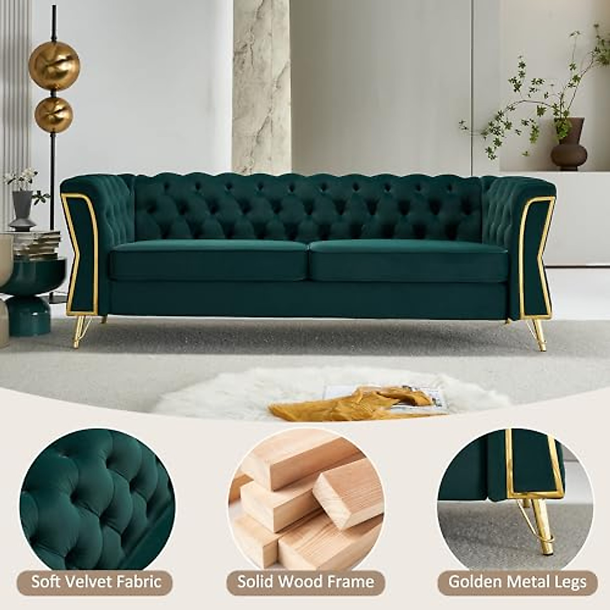 Tmsan 87.4" Velvet Sofa Couch, Mid-Century Modern Chesterfield Loveseat Classic Button Tufted 2 Seater Couch with Golden Legs for Living Room Office Bedroom (Emerald)