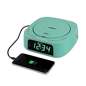 Jensen Teal Modern Home Audio CD Player Tabletop Stereo Dual Alarm Clock Digital FM Radio | Top-Loading CD/MP3/WMA Player | USB Charging Port 2.1A | Headphone Jack | 0.9 Display Green LED