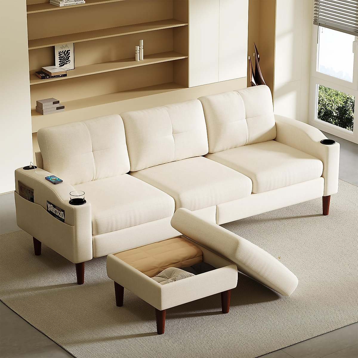 AILIUHUA L-Shaped Lounge Sectional Sofa for Living Room, 78 inch 3 Seater Comfort Couches with USB Charge & Cupholder, Washable and Removable Upholstered for Apartment and Office, Beige