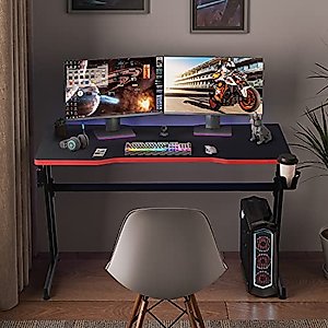 wonline Gaming Desk 47 inch PC Computer Desk Home Office Desk Gaming Table Z Shaped Gamer Workstation with Cup Holder and Headphone Hook Black