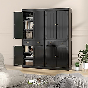 Nightcore, 1 Kitchen, 6ft Cupboard w/ 4 Adjustable Shelves, 2 Wood Pantries, Drawer, Utility Storage Cabinet for Hallway, Living Room, Bathroom, Black