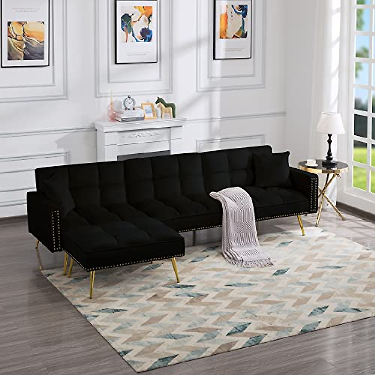 FREESNOOZE 107'' Convertible L-Shaped Velvet Sleeper Sofa Bed Living Room Sectional Sofa with Removable Ottoman and Tapered Metal Legs, Black