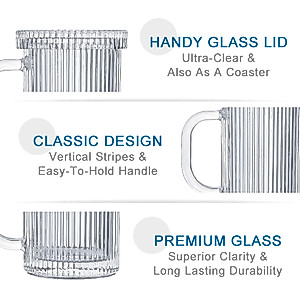 Lysenn Pink Glass Coffee Mug - Classic Vertical Stripes Tea Mug - Elegant Coffee Cup with Glass Lid for Latte, Espresso - Lovely Gift for Christmas, Anniversary and Birthday - 11 oz