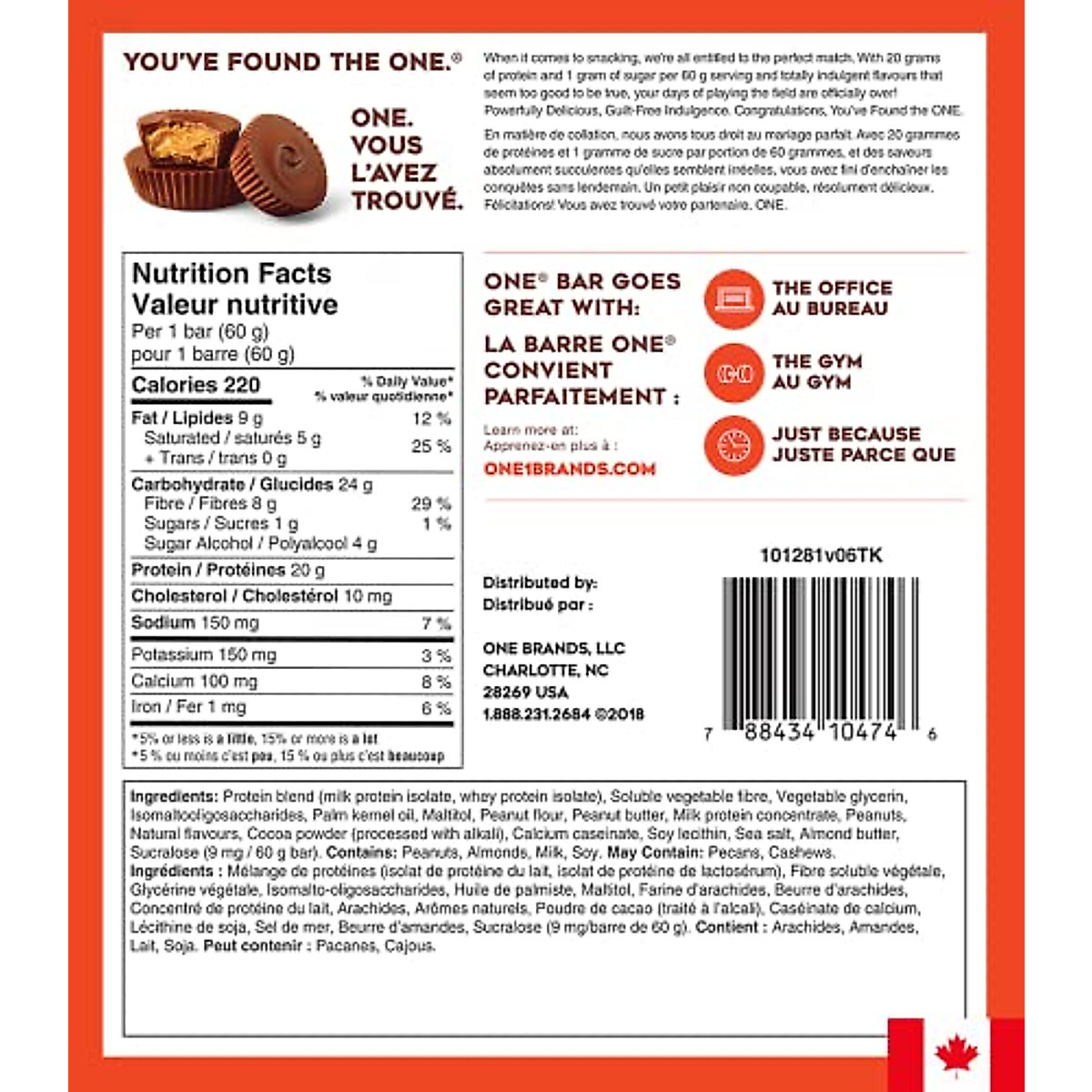 ONE Protein Bars, Peanut Butter Cup, Gluten Free Protein Bar with 20g Protein and only 1g Sugar, Snacking for High Protein Diets, 2.12 Ounce (12 Count)