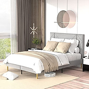 Flolinda Queen Size Bed Frame, Upholstered Queen Bed Frame with Tufted Velvet Headboard, Mattress Foundation, Strong Wood Slat Support Double Bed Frame, No Box Spring Needed, Easy Assembly, Grey