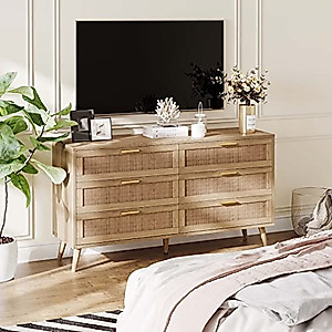 Rovaurx 6 Drawer Double Dresser for Bedroom, Rattan Chest of Dressers, Modern Wooden Dresser Chest with Golden Handles, Beside Table for Closet, Living Room and Entryway, Natural RDG001M