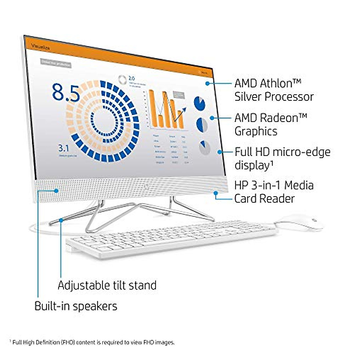 HP 24-inch All-in-One Desktop Computer, AMD Athlon Silver 3050U Processor, 8 GB RAM, 256 GB SSD, Windows 10 Home (24-dd0010, White) (Renewed)