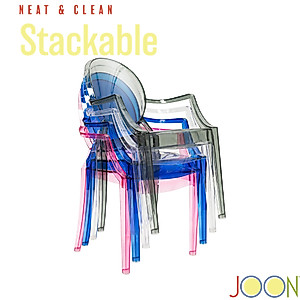 JOON 2 Pack Kids Ghost Chairs with Armrest Transparent, 25x13x14.5 Inches, Polycarbonate Material, 12.75” Seat Height, Stackable, for Toddler Parties, Playroom, Daycare, Home (Transparent Clear)