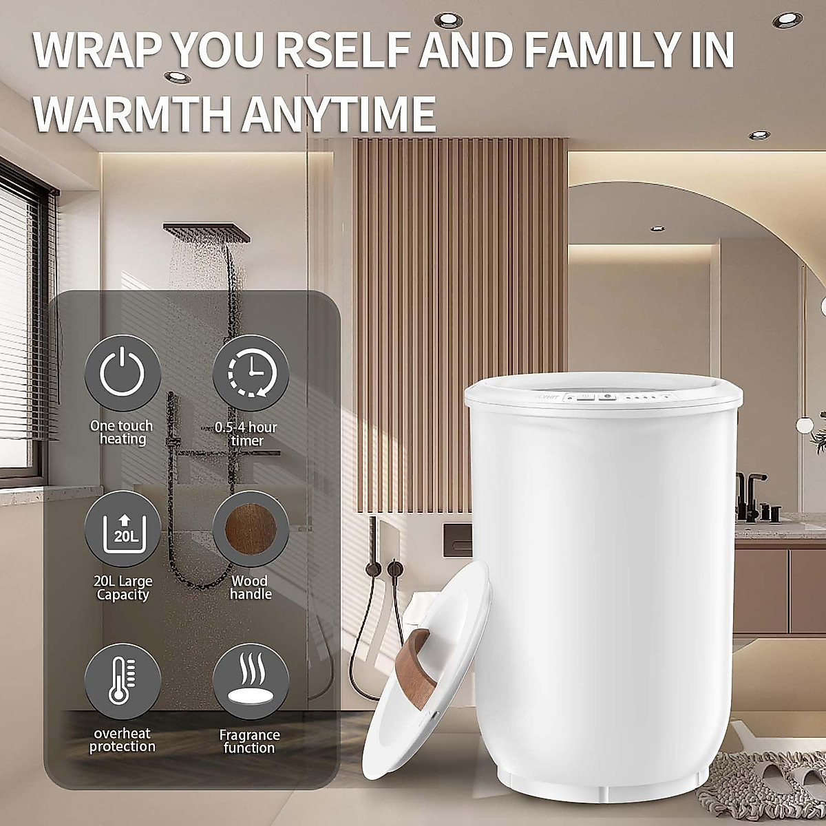 FLYHIT Large Towel Warmer for Bathroom - Heated Towel Warmers Bucket, Wood Handle, Auto Shut Off, Fits Up to Two 40"X70" Oversized Towels, Bathrobes, Blankets, Best ideal for mother's gifts