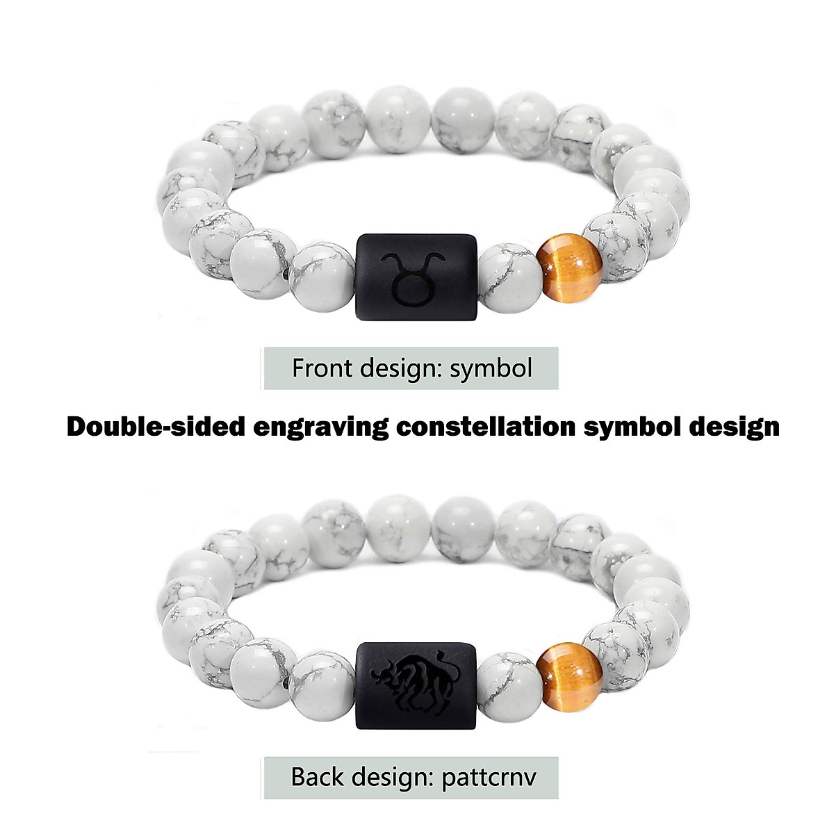 MAOCEN Zodiac Bracelet for Men Women 8mm 10mm White/Black Stone Lucky Blessing Beaded Star Sign Constellation Horoscope Bracelet Fashion Jewelry Gifts (6.5, Taurus)