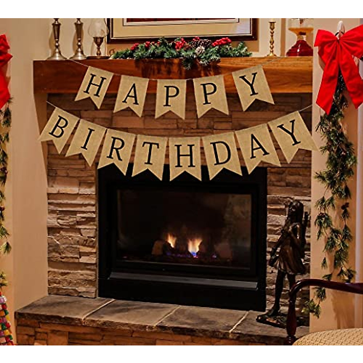 Burlap Happy Birthday Banner, Assembled Birthday Party Decorations for Men Women
