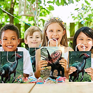 Funrous Dinosaur Gift Party Favor Dino Treat Bags Dinosaur Paper Goodie Bags with Handles Dino Candy Goodie Paper Package for Kids' Birthday Decorations Party Supplies, 8.7 x 6.3 x 3.2 Inch(18 Pcs)