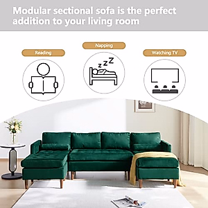 ORRD U-Shape Convertible Sectional Sofa, Modular Sleeper Couch Chaise Modern 6 Seater Velvet Sofa for Living Room, Bedroom, Apartment (Green)