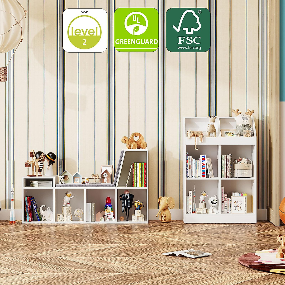 NACHES Kids Bookshelf with Reading Nook for Kids Room, 6-Cubby Bookcases with Bench Seat Cushion Thick Wood Board, Multi-Purpose Toys Storage Organizer for Toddler Nursery, Bedroom, Play Room (White)