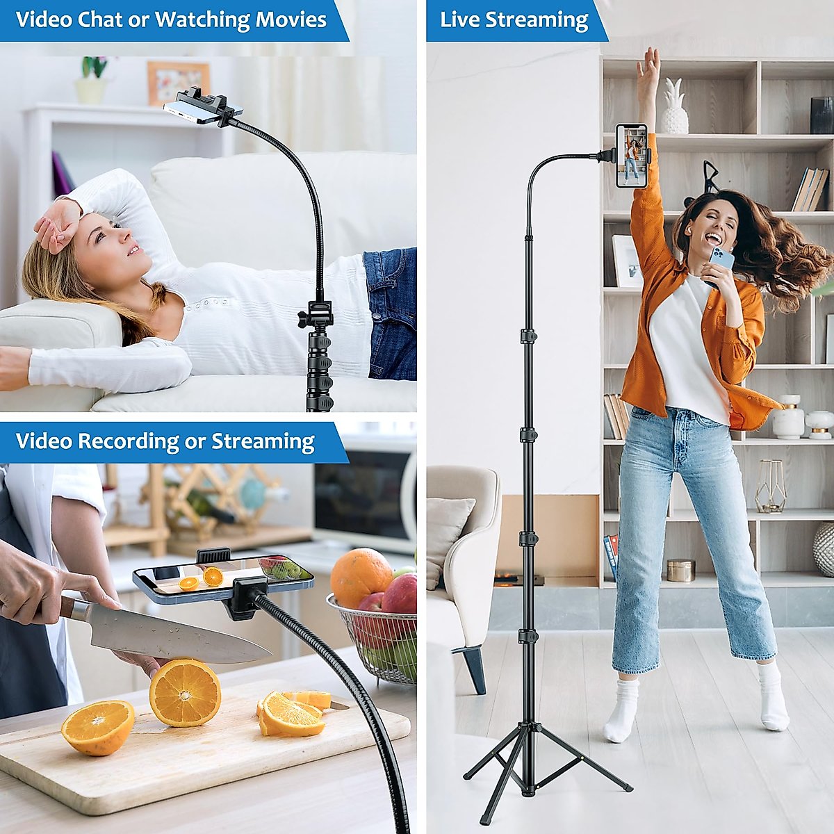 Phone Tripod, 80" Tall Tripod for iPhone with 13" Adjustable Gooseneck, Cell Phone Tripod with Remote and Phone Holder, Overhead Tripod Stand for iPhone 15 14 13 12 Android Phone
