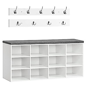HOOBRO Shoe Storage Bench with Cushion, Entryway Bench, 39.4" Hall Tree, Coat Rack, 12 Cubbies, Holds up to 330 lb, Shoe Rack, Storage Cabinet for Bedroom, Hallway, White and Gray WT112HX01