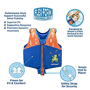 New SwimSchool Swim Trainer Vest – Small/Medium Max 33 Pounds – Kids Swim Vest with Padded Shoulders – Comfortable Flex-Form-Fit Design with Adjustable Safety Strap – Blue/Orange