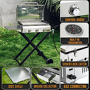 Onlyfire Portable BBQ Gas Griddle 3 Burners, Stainless Steel Flat Top Gas Grill Griddle Stove with Lid, Side Table, Foldable Cart & Wheels for Outdoor Kitchen, Patio Backyard and Camping