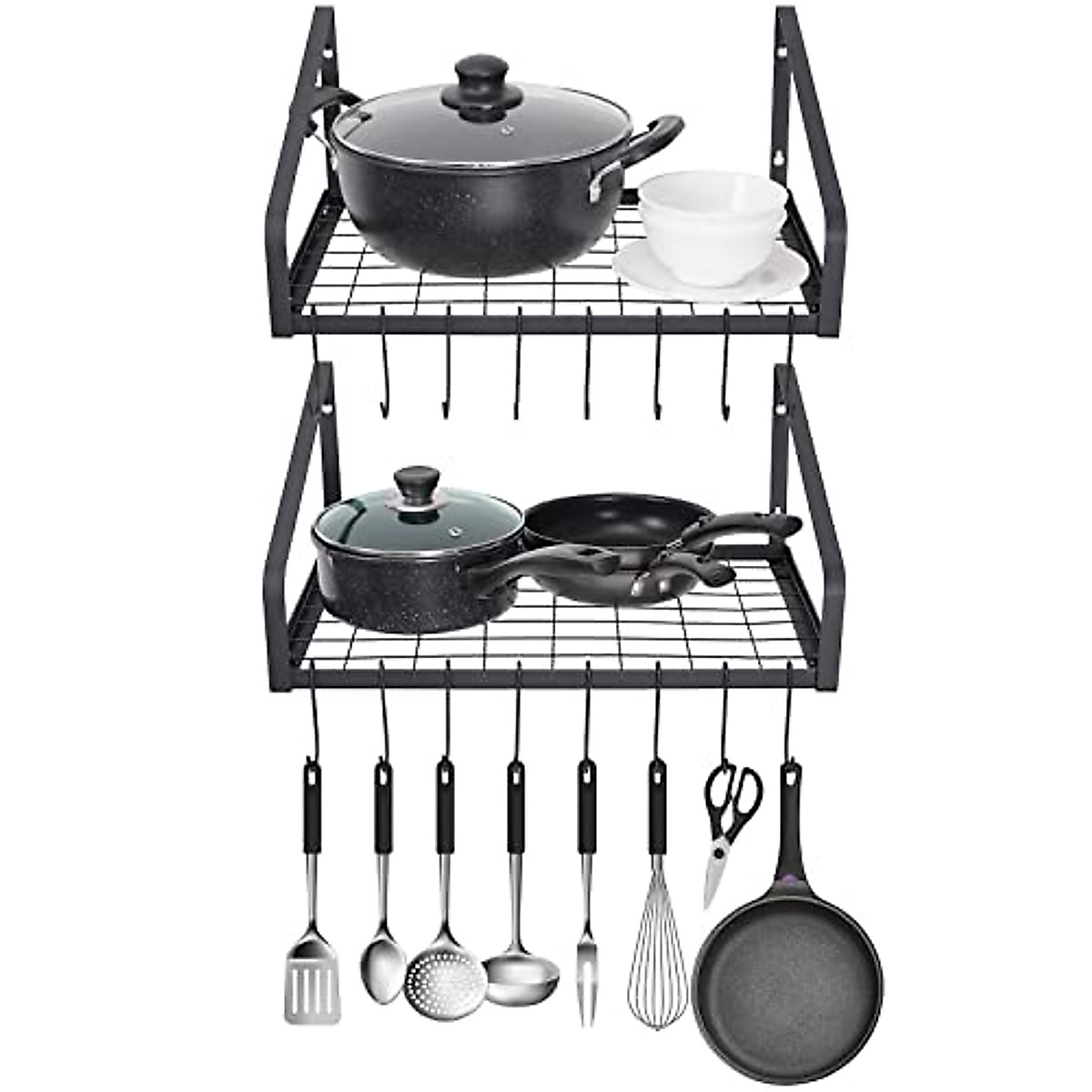 Giikin Hanging Pot Rack Set of 2, Kitchen Wall Mounted Pot and Pan Hanger Rack Organizer, Wall Storage Shelves for Household Utensils and Cookware Holder with 16 S Hooks(Black)