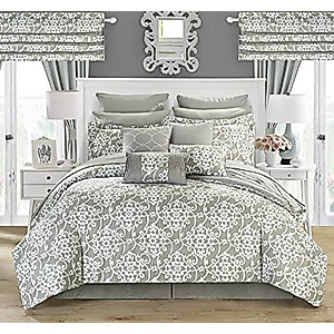 Chic Home Hailee 24 Piece Comforter Set Complete Bed in a Bag Pleated Ruffles and Reversible Print with Sheet Set and Window Treatment, Queen Silver,CS1966-AN