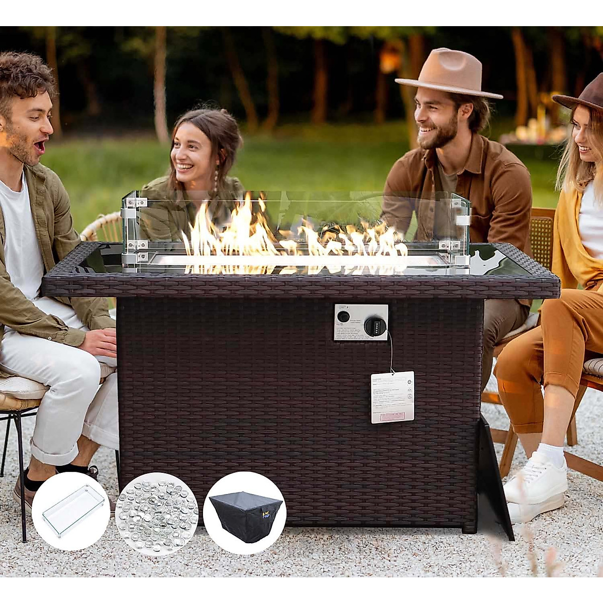 NICESOUL Wicker Outdoor Fire Pit Table Natural Gas/Propane, 43'' Rectangular Firepit Table for Outside, 55000 BTU Patio Fireplace Tables with Windguard&Glass Rocks&Cover, Modern CSA Firepits, Brown