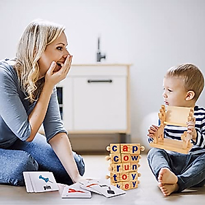 Montessori Toys for 3 4 5 Years Old Wooden Reading Blocks CVC Sight Words Game for Toddlers Letter Flash Cards for Kindergarten Kids Learning Educational Alphabet Phonics for Preschool Girls Boys