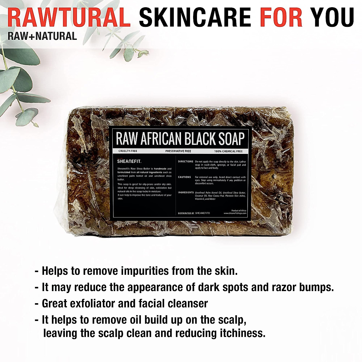 Sheanefit Raw African Black Soap Bar - For All Skin Types - Face, Body, Hair Soap Bulk Bars (1 Pound)