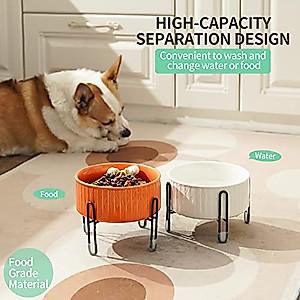 OMAYKEY 32 OZ Ceramic Elevated Dog Bowls with Metal Stand, Raised Cat Bowl Set for Food and Water, Pet Feeder Bowl Dish for Cats & Dogs, Non-Slip, Dishwasher Safe, White & Orange