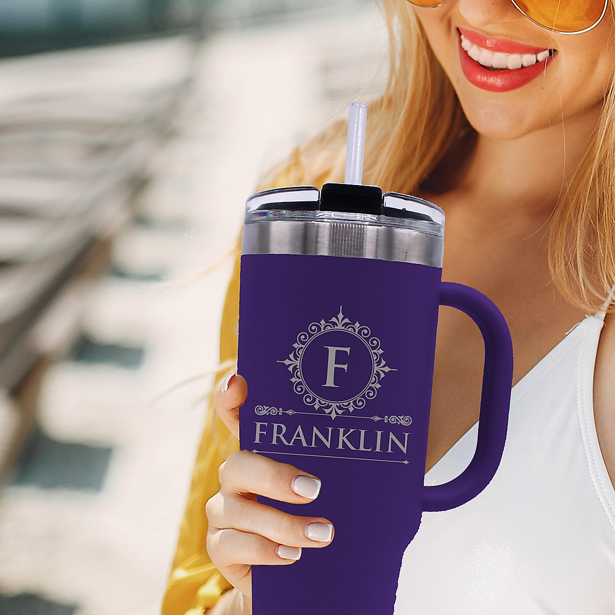 Custom Monogrammed 40 oz Tumbler with Handle, Lid and Straw - Personalized Insulated Stainless Steel Large Cup (Purple)
