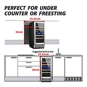 Karcassin Dual Zone 15 Inch Wine Cooler, 28 Bottle Wine Fridge with Stainless Steel Tempered Glass Door, Fit Red & White Wine, Built-in or Freestanding