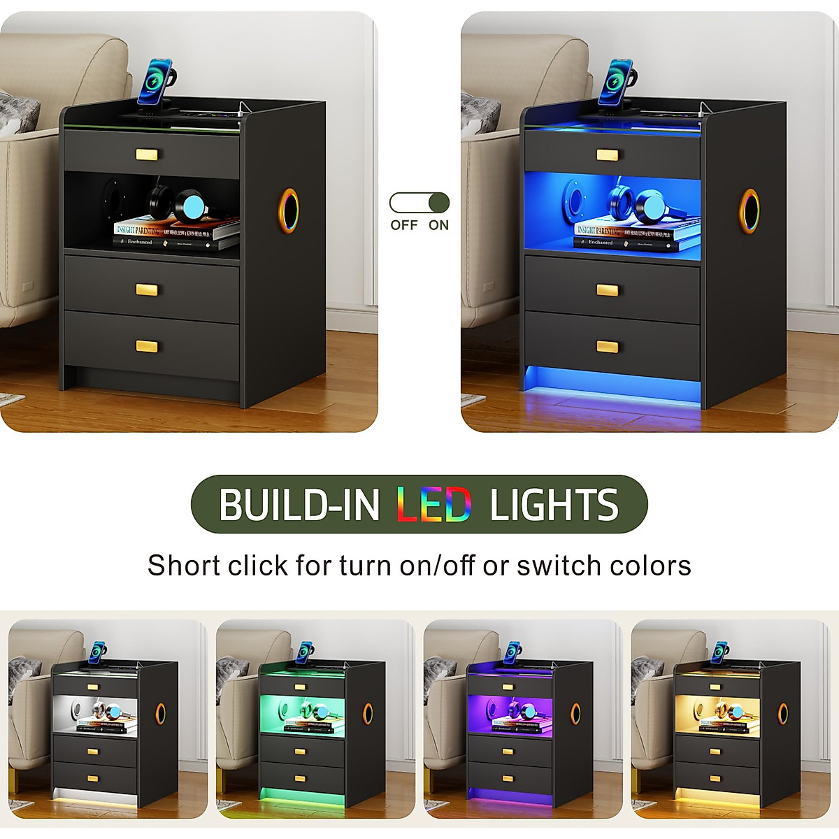 Nightstands with LED Lights, Smart Night Stand with Bluetooth Speakers & Body sensors, Modern Side Tables with Wireless Charging Stations,Black Bedside Table with Drawers (Black)