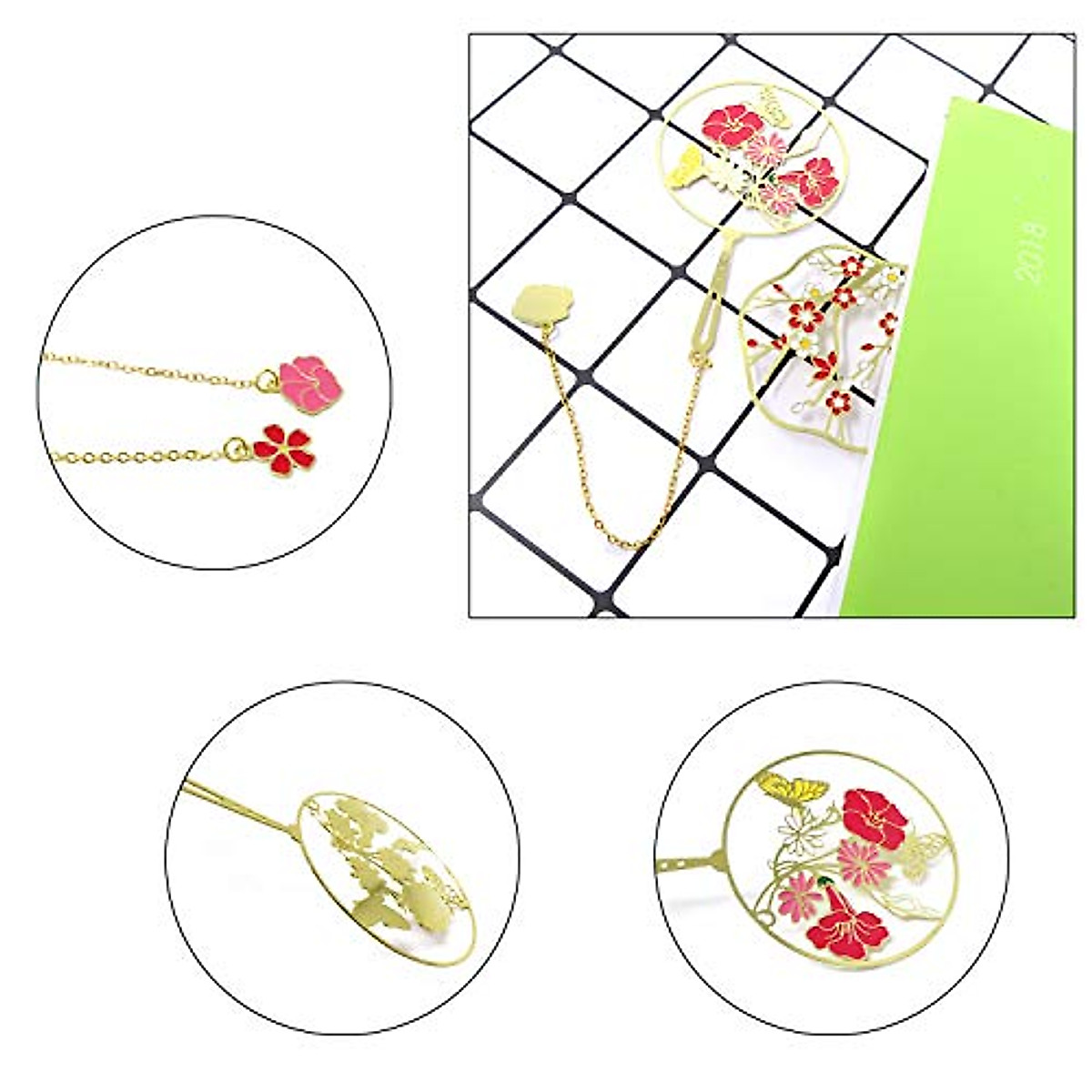 yueton Metal Hollow Bookmarks Plum Blossom Bookmarkers Rose Gold Plated Brass Page Marker with Metal Pendant for Book Lovers 2Pcs