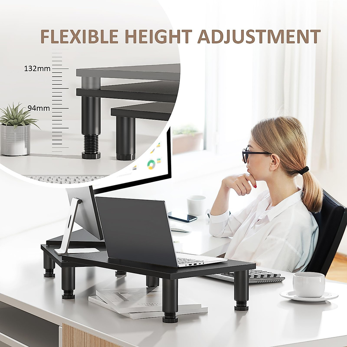 AX Waber Dual Monitor Riser, Adjustable Height Steel Leg Wooden Stand with Storage Space - Black