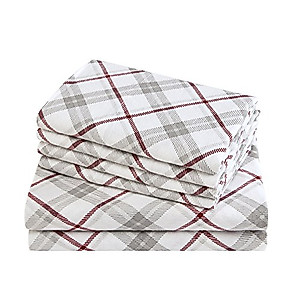 Comfort Spaces Cotton Flannel Breathable Warm Deep Pocket Sheets with Pillow Case Bedding, Cal King, Grey/Red Plaid 4 Piece