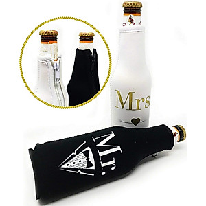 Mr. & Mrs. Beer Bottle Cooler Sleeves Black & White Gift Set 2 Pack - Perfect for Wedding, Bridal Shower, Engagement Party & So Much More.