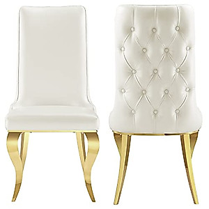 AZhome Dining Chairs, White Faux Leather Upholstered Dining Room Chairs in Button-Tufted Back, Dining Chairs with Gold Legs for Kitchen Dining Room, Set of 2