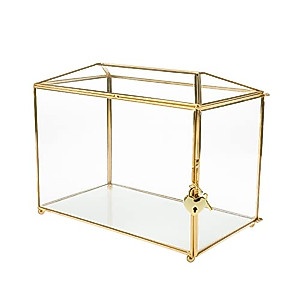 HighFree 10.2" Glass Wedding Card Box with Slot & Lock, Handmade Copper Gold Geometric Terrarium, Clear Display Box for Wedding Reception, Wishwell, Keepsake