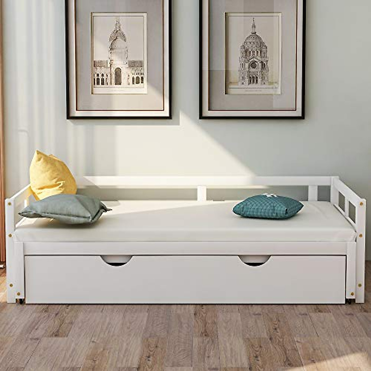 Merax Wooden Daybed Extendable Bed with Trundle, Sofa Bed for Bedroom Living Room, Can be Expanded from Twin Size to King Size (White)