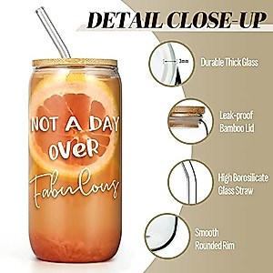Birthday Gifts for Women - Not A Day Over Fabulous - Funny Gift for Best Friend Sister Wife Coworker Girlfriend Teacher Female - Mothers Day Gift for Mom - Glass Coffee Cups with Lids and Straws 16 Oz