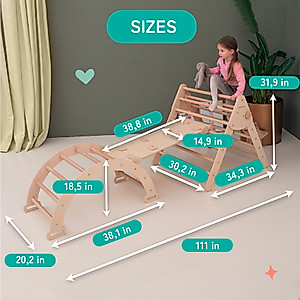 WoodandHearts Pikler Triangle Set Baby Climbing playset - Foldable Climbing Triangle - Climbing Slide Board - Arch Climber - Climbing Toys for Toddlers (Large Size) (Beige)