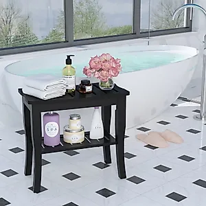 Domax Bamboo Shower Benches for Inside Shower - Bathroom Bench Seat Waterproof Wooden Shower Stool with Storage Shelf for Adults Elderly Seniors Wood Shower Chair for Bathtub or Small Spaces, Black