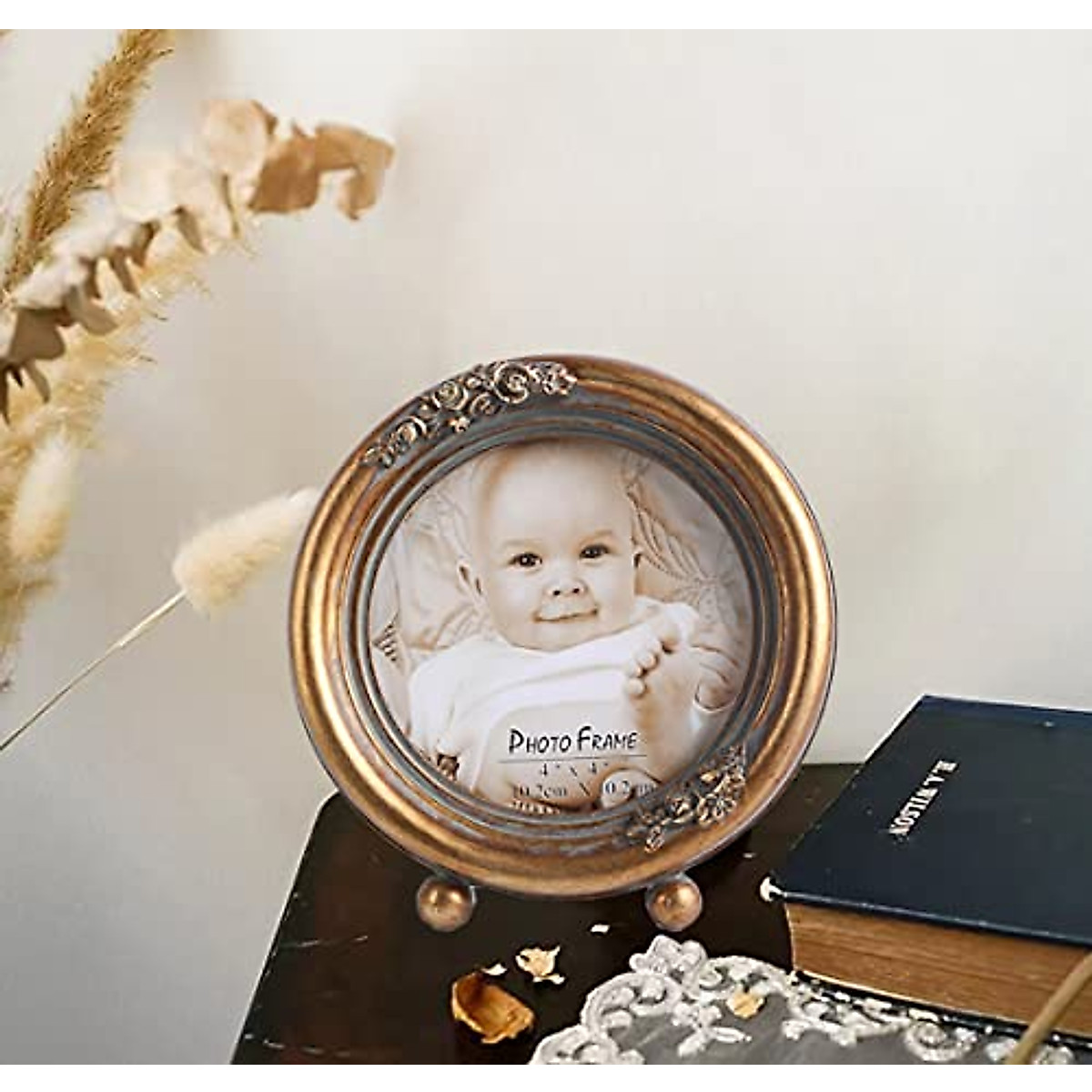 SIKOO Vintage Picture Frames 4x4 Round Picture Frames Antique Circle Mini Photo Frame,Green&Small Picture Frame Mini Round fframs Ornate Picture Frames Bronze Gold