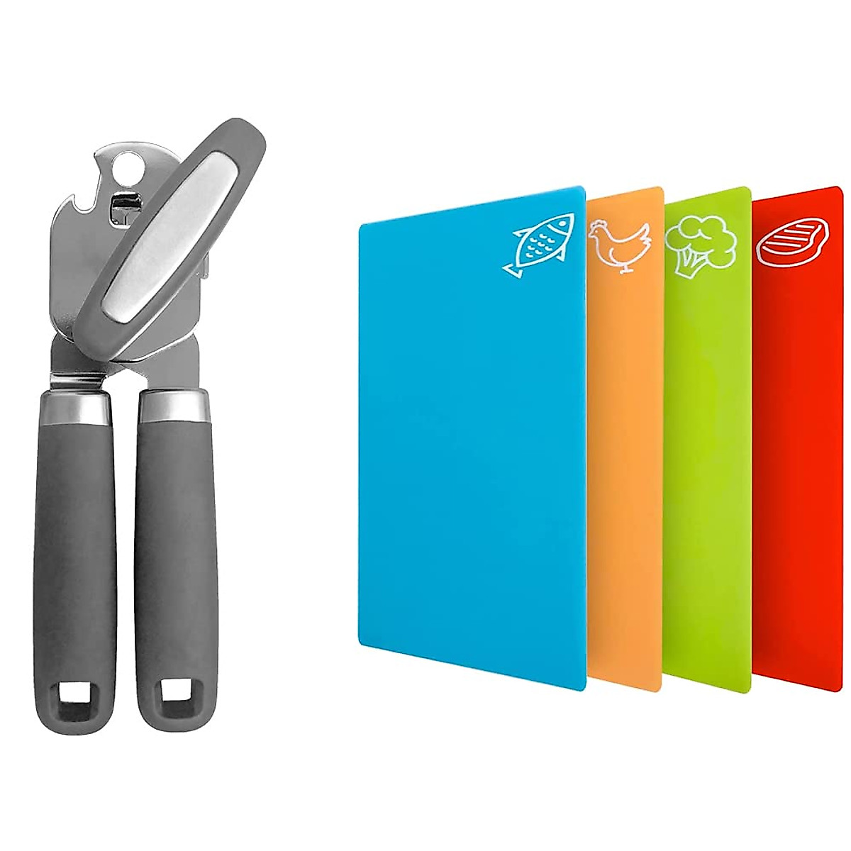 Gorilla Grip Manual Hand Held Can Opener and Flexible Cutting Boards Set of 4, Rust Proof Lid Openers for Kitchen in Gray, Durable Food Chopping Boards in Multicolor, 2 Item Bundle