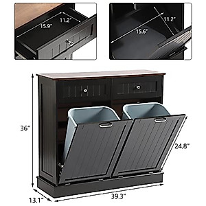 KIGOTY Dual Kitchen Trash Cabinet, Double Tilt Out Trash Can Cabinet with Countertop and Drawer, Free-Standing Pet Proof Recycling Cabinet Garbage Can Holder (Black)
