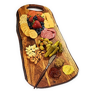 FEATHERLEE - Extra Large Premium Natural Live Edge Acacia Charcuterie Cheese Board Serving and Cutting Tray with Round Handle