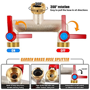 Brass Garden Hose Splitter, 3/4" Hose Splitter 2 Way Heavy Duty with Extension Handles, Outdoor Faucet Splitter Water Spigot Splitter with Individual On/Off Valve (2 Way Hose Splitter)